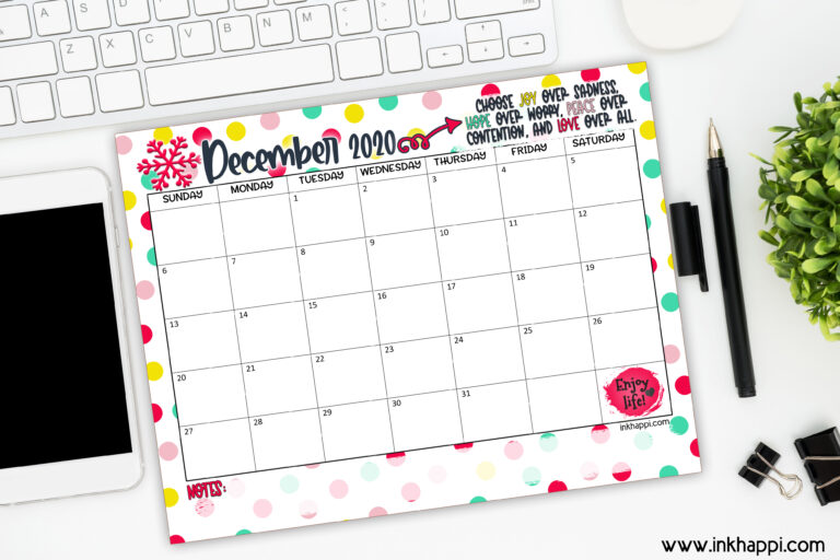 December 2020 Calendar and Motivational Thought - inkhappi